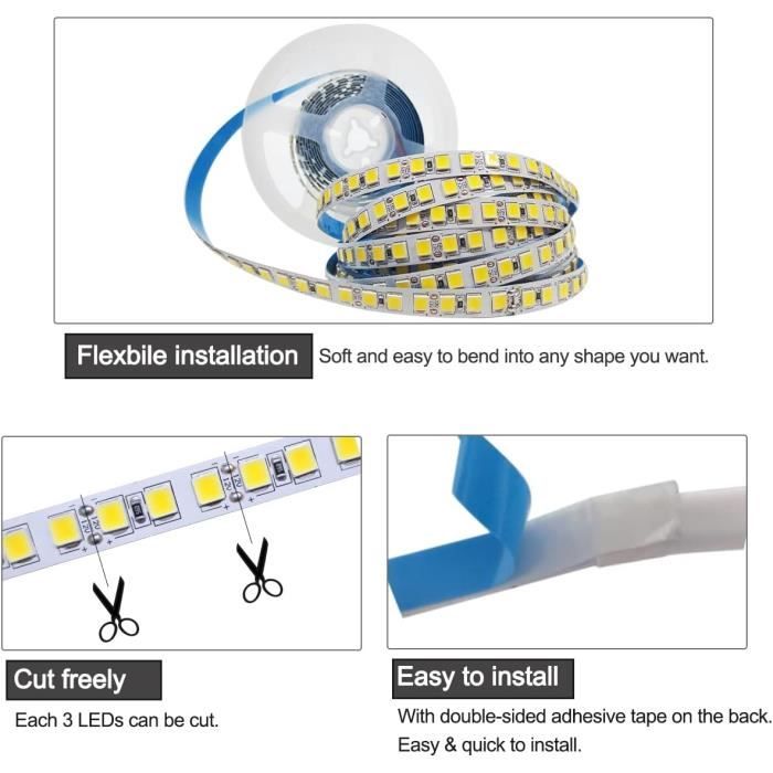 Ruban Led 12V, Bande Led 4000K Blanc Naturel 5M 5054 Ip20 120 Leds-M ...