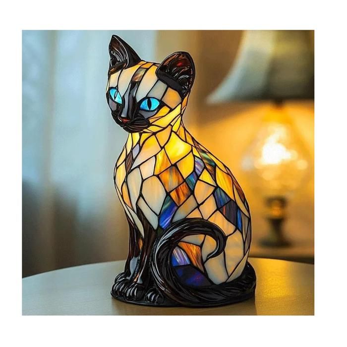 Lampe en forme de chat en vitrail Lampe de table rétro en résine ...