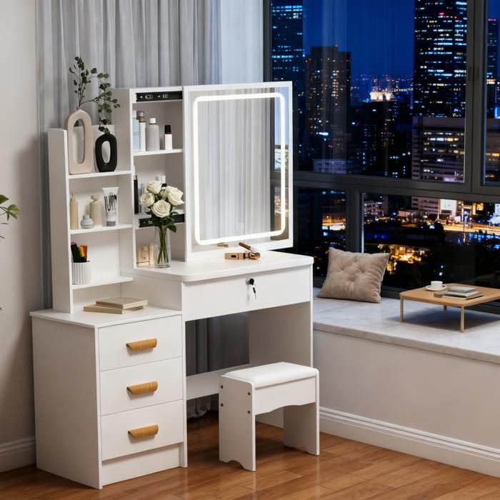 Coiffeuse moderne blanche avec miroir LED réglable, avec 4 tiroirs ...