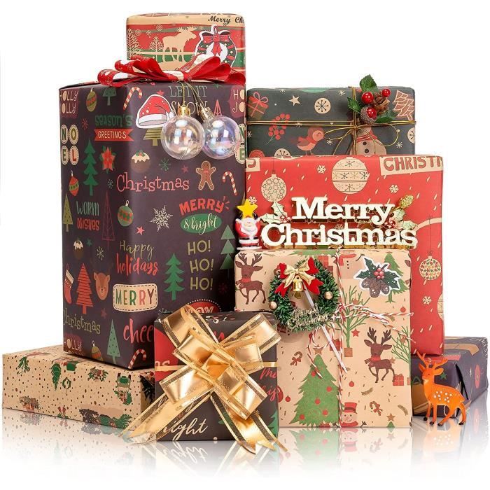 Papier Cadeau Kraft NoëL, 8 Feuilles Papier Cadeau Rétro avec Noeud ...