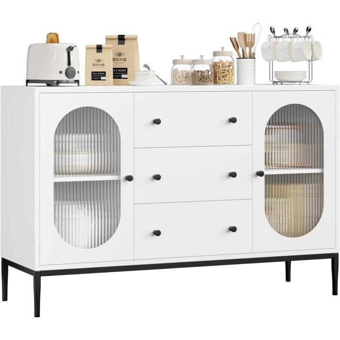 Buffet Cuisine 120cm Buffet Salon avec 2 Portes Vitrées 3 Tiroirs ...