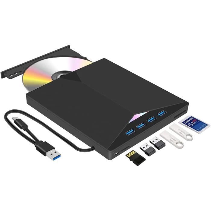 Lecteur et Graveur DVD-CD-ROM Externe USB 3.0 et Type-C avec Lecteur de Carte SD-TF et de USB ...