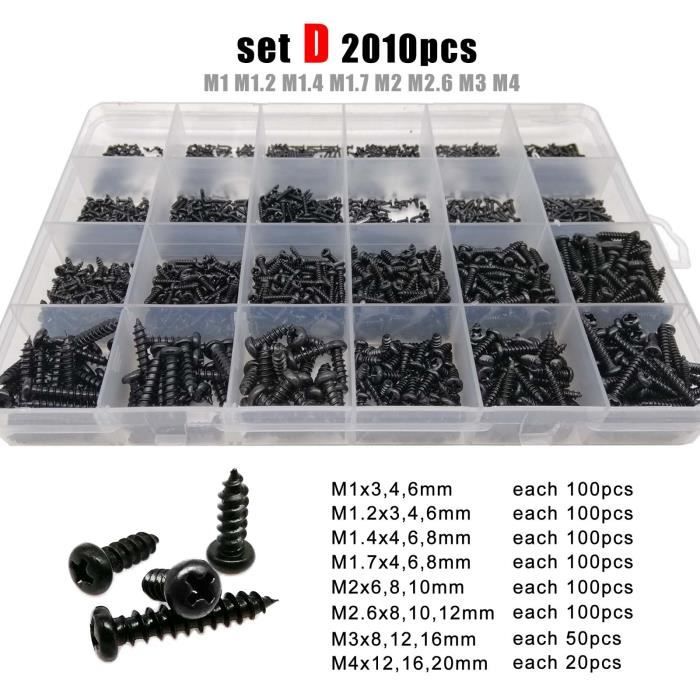 Set D 2010pcs -Kit de vis à bois autotaraudeuses M1 M1.2 M1.4 M1.7 M2 M3 M4 en acier noir, Mini ...