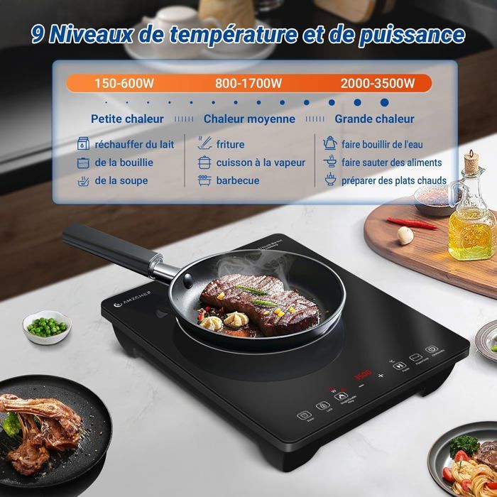 Plaque induction portable 3500W avec double anneau,9 niveaux de ...
