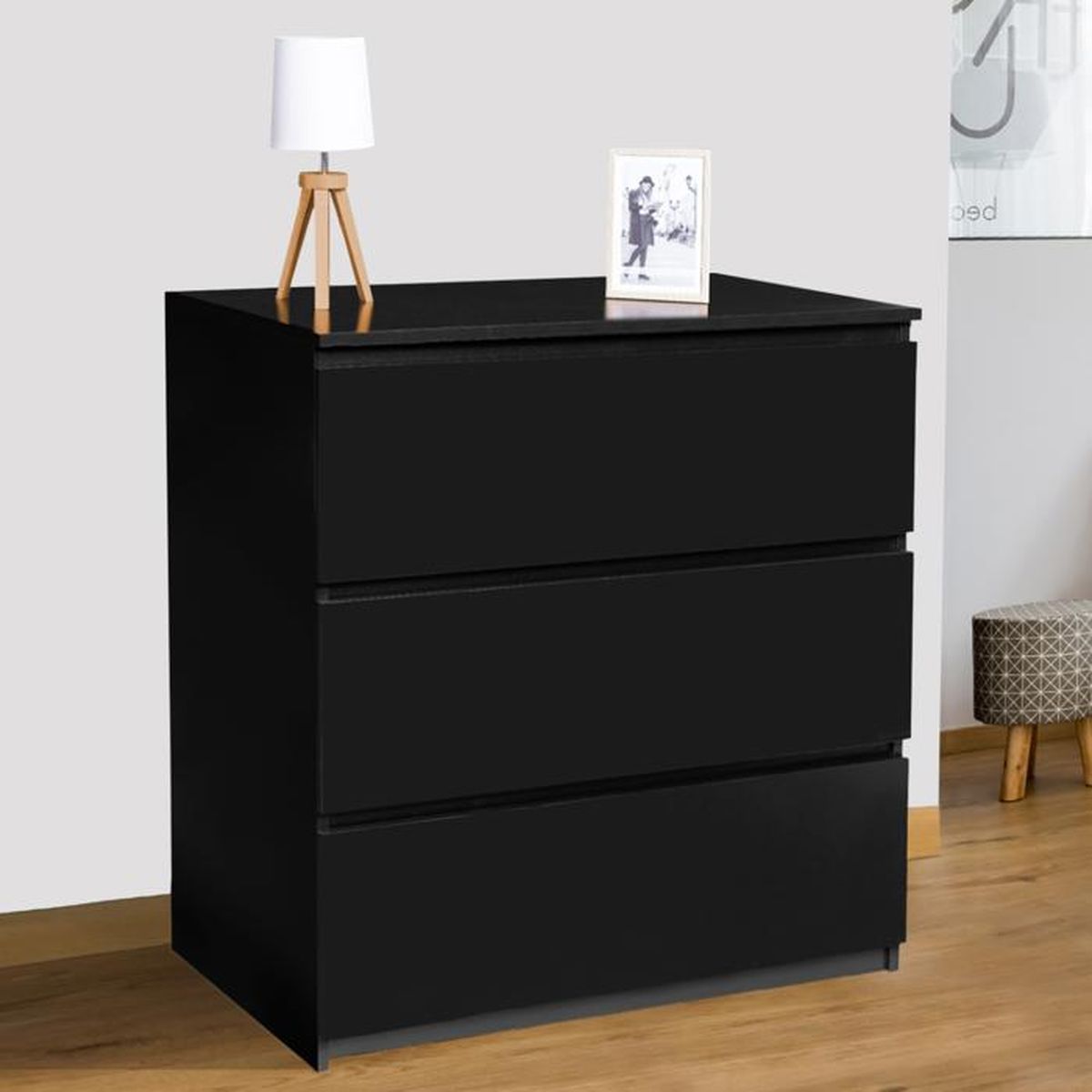 ID MARKET - Commode 3 tiroirs bois noir TOMI - Cdiscount Maison