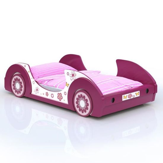 Lit Voiture Rose Butterfly Motifs Fleurs Lit Fille Avec Sommier