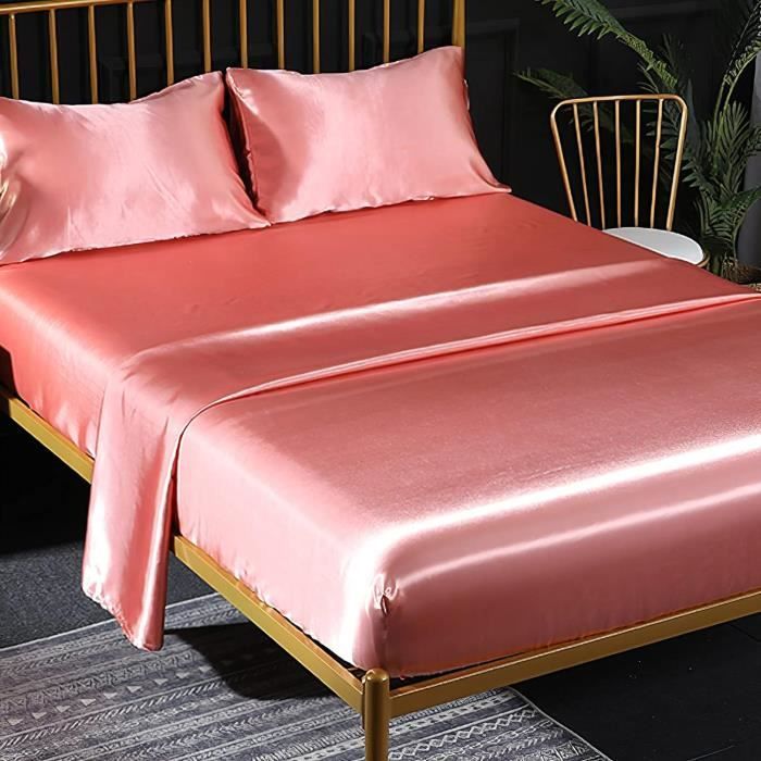 Ensemble 4 Pièces De Draps De Lit En Satin Couleur Unie 1 X Drap Housse ...