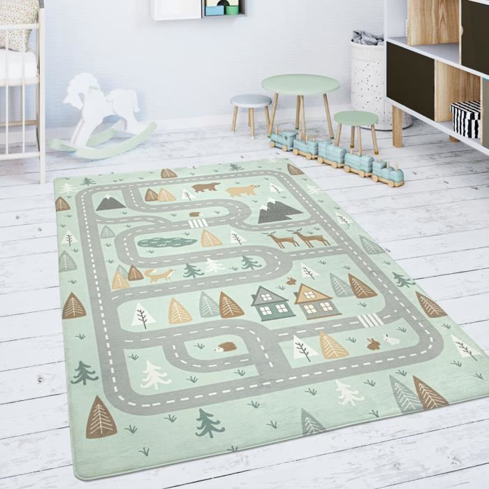 Tapis enfant PACO HOME - Route Ours Élan Arbres Vert Gris - 120x160 cm ...