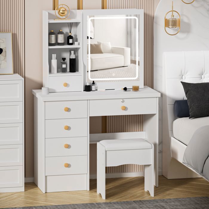 Coiffeuse avec tabouret moderne - Fianao - LED éclairage réglable - 80 ...