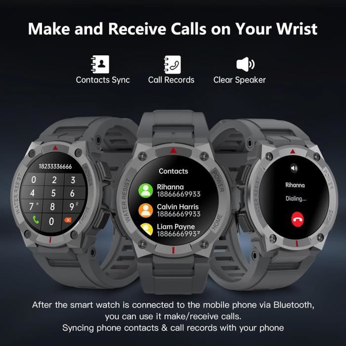 Montre connectée Smartwatch Militaire pour Hommes 1.3" Passer et ...