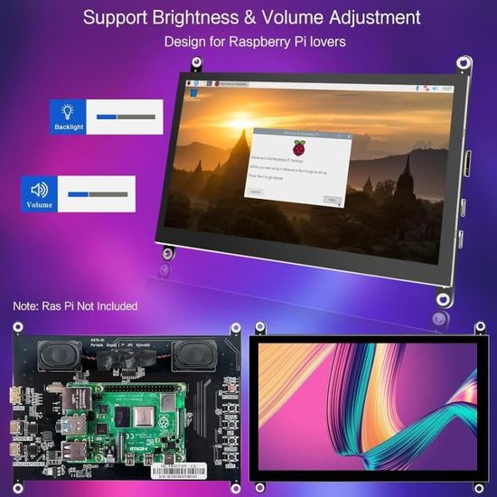 7 Pouces Raspberry Pi Écran Tactile Petit Écran Hdmi 1024X600 W-Deux Haut - Parleurs Ips Écran ...