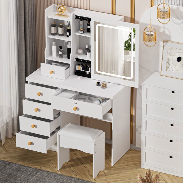 Coiffeuse avec tabouret moderne - Fianao - LED éclairage réglable - 80 ...
