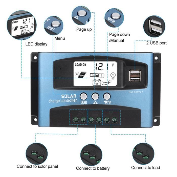 Contrôleur de charge solaire MPPT 40/50/60/100A avec double écran LCD USB 12V 24V 89163 ...