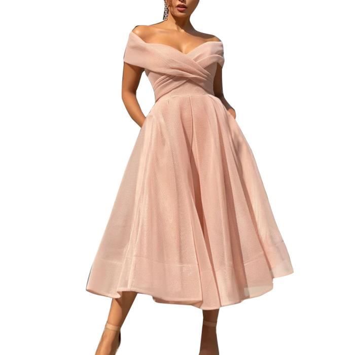 Femmes Solide Couleur Épaule Dénudée Robe Trapèze Ajustée Dos nu Robe ...