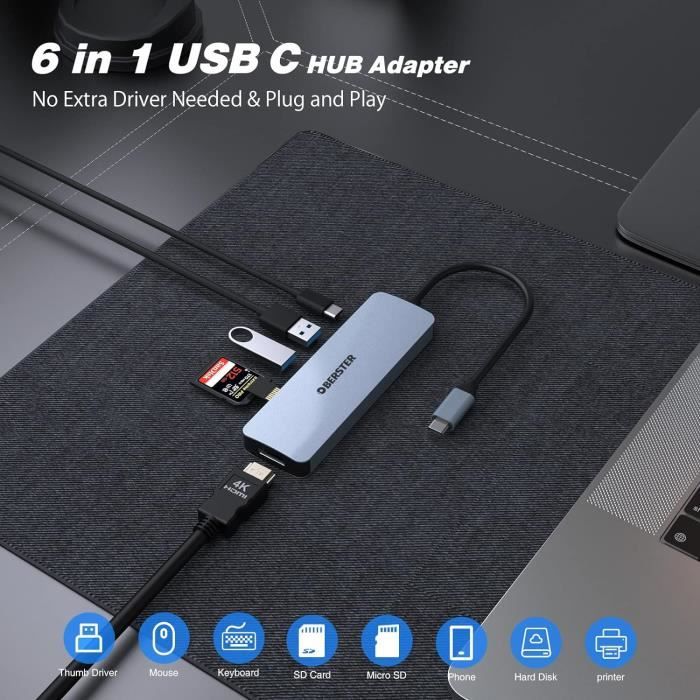 Hub Usb C Hdmi, 6 En 1 Adaptateur Multiport Usb C Avec Sortie Hdmi 4K ...