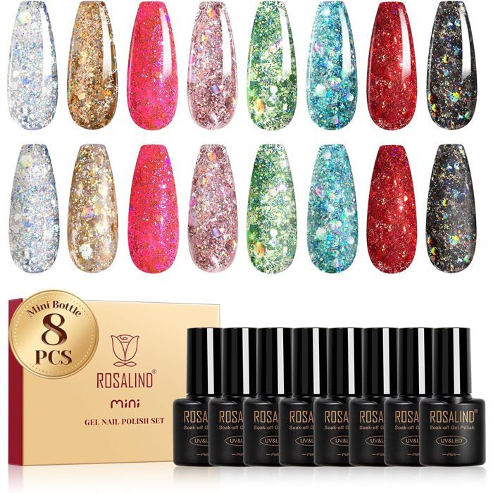 Vernis Semi Permanent Pailleté, 8 Couleurs Argent Or Rose Vert Bleu ...
