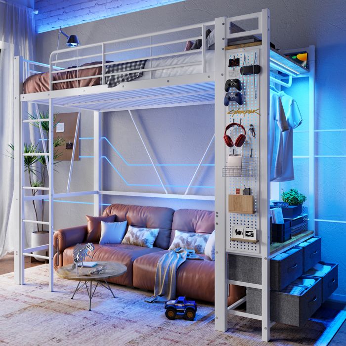 MEUBLIV Lit mezzanine enfant 90x200cm avec LED, prises USB+Type-C, 4 ...