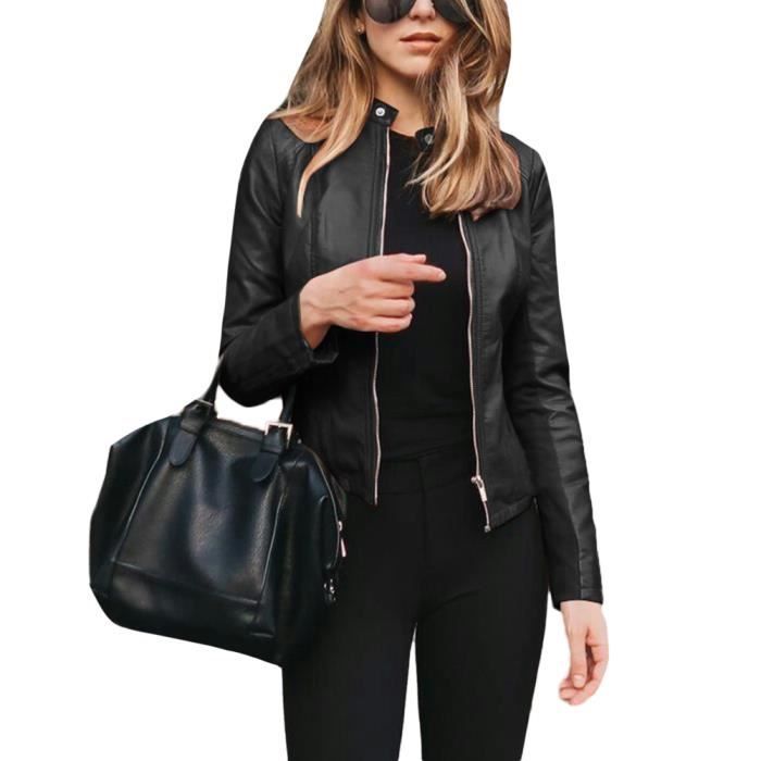 Femme Veste en Simili PU Décontracté Vintage Veste en Col Montant Zippé ...