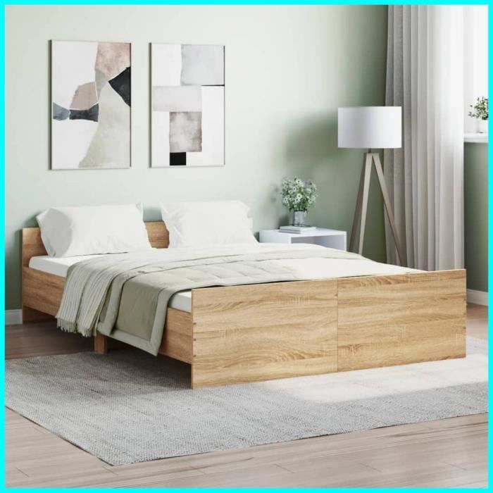 Cadre de lit - YOSOO - 140x190 cm - Chêne Sonoma - Bois d'ingénierie - Montage à faire soi-même ...