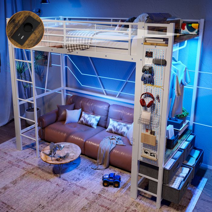 MEUBLIV Lit mezzanine enfant 90x200cm avec LED, prises USB+Type-C, 4 ...