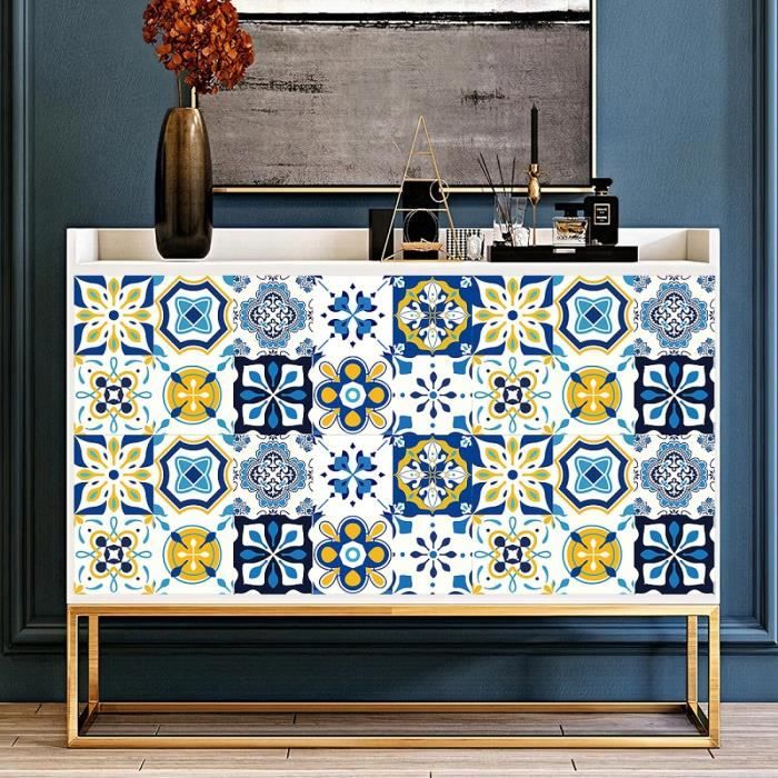 Dalle Pvc Adhesive Murale 15X15 Bleu - Jaune Stickers Cuisine Stickers ...