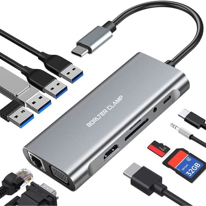 BorlterClamp Hub USB C, Adaptateur USB C Multiport 11 en 1 avec HDMI 4K ...