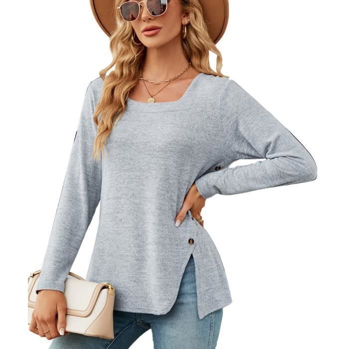 Pull Femme Col Carré Manches Longues Casual Pullover Lâche Tops Couleur ...