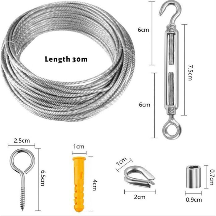Kit de corde en acier inoxydable de 30 mtres avec tendeur et crochets ...