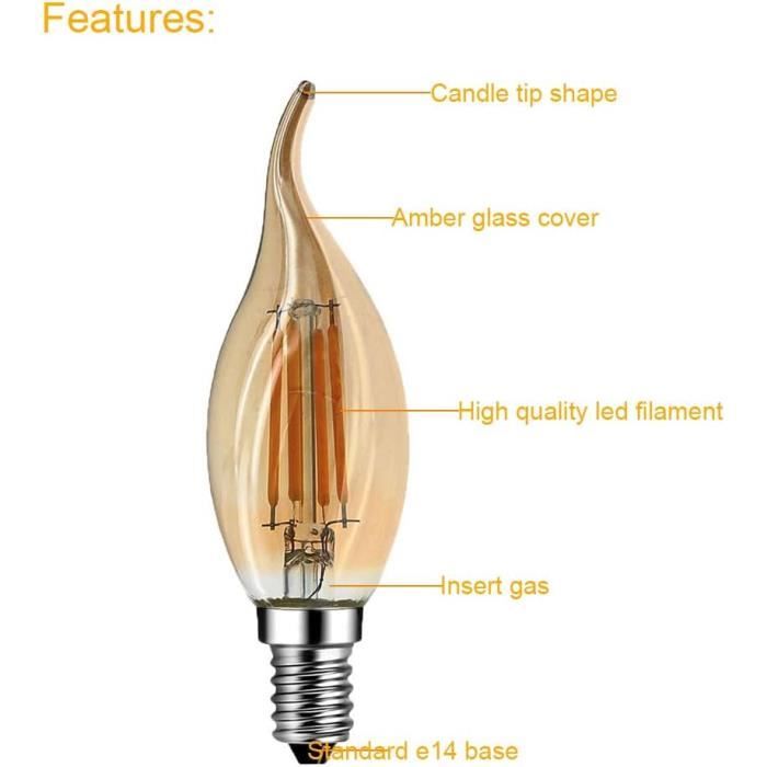10X Ampoule Led E14 Flamme Vintage Bougie 4W Blanc Chaud 2700K,Equivalence Incandescence 40 W,Ac ...