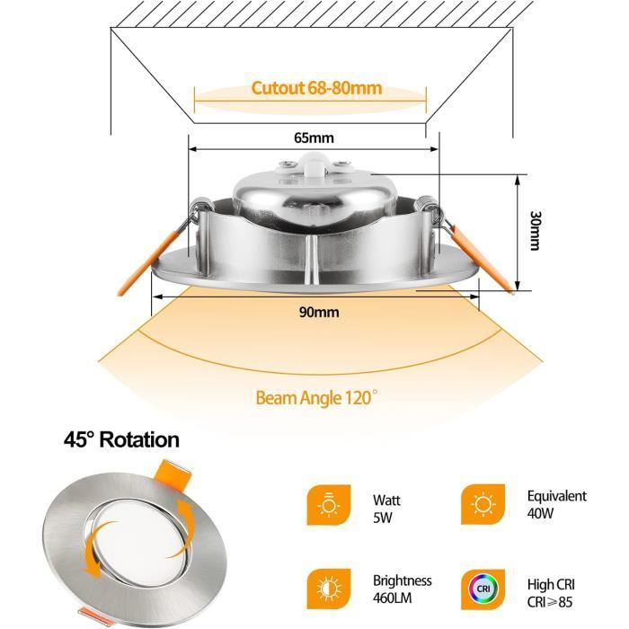 Spot Led Encastrable Dimmable 5W 3000K Blanc Chaud 460Lm Spot Led Extra ...