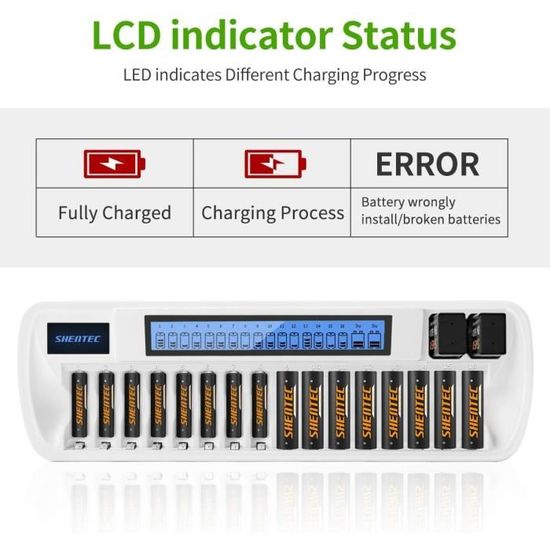 Shentec 18 Solts Chargeur de Piles Rechargeable LCD Intelligent Piles ...