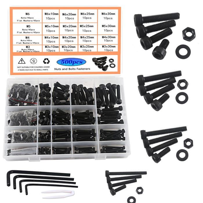 M3 M4 M5 M6 Boulons et Écrous Noires Vis Kit D'assortiment D'écrous de Rondelles en Acier Au ...