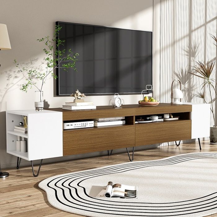 Meuble TV Bas Moderne, 2 Portes + Rangement Ouvert, Design Bloc De ...