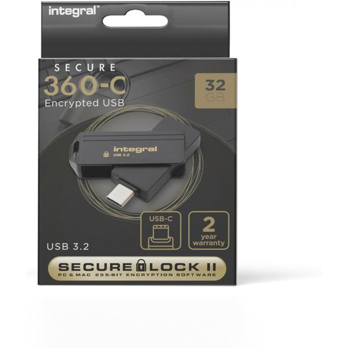 Secure 360-C Clé USB Chiffrée 32 GB Connecteur USB-C Chiffrement AES 256 Bits Compatible avec ...