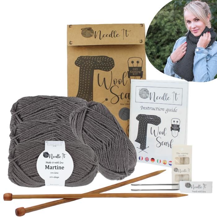 Kit Tricot - NEEDLE IT - Écharpe en Laine Gris - 70% Laine - 30% Alpaga ...