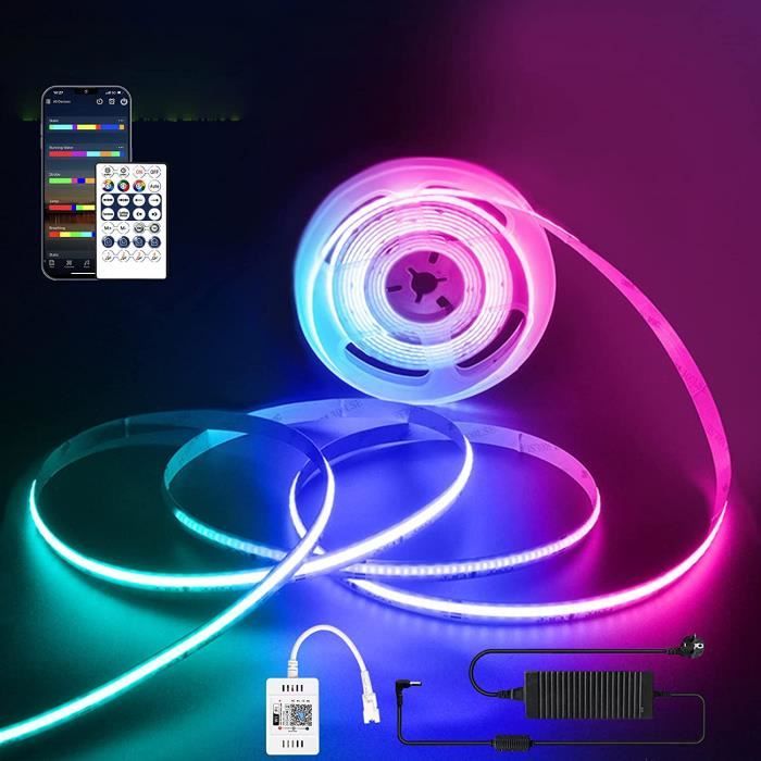 Ruban LED COB WIFI 5M RGBIC avec alimentation, bande LED flexible 720 LED dimmable, bande LED ...