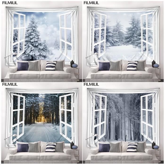 Décoration murale,Tapisserie de paysage de forêt de neige, fenêtre ...