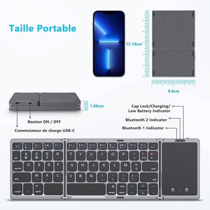 Clavier Pliable Azerty Bluetooth Avec Pavé Tactile,Mini Clavier Sans ...
