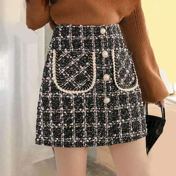 Jupe,Jupe en Tweed pour femmes, Mini jupe crayon à carreaux en laine ...
