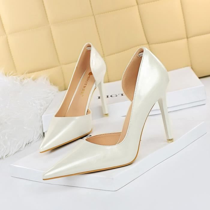 Escarpin Femme Talon aiguille cuir verni brillant - Blanc - Achat ...
