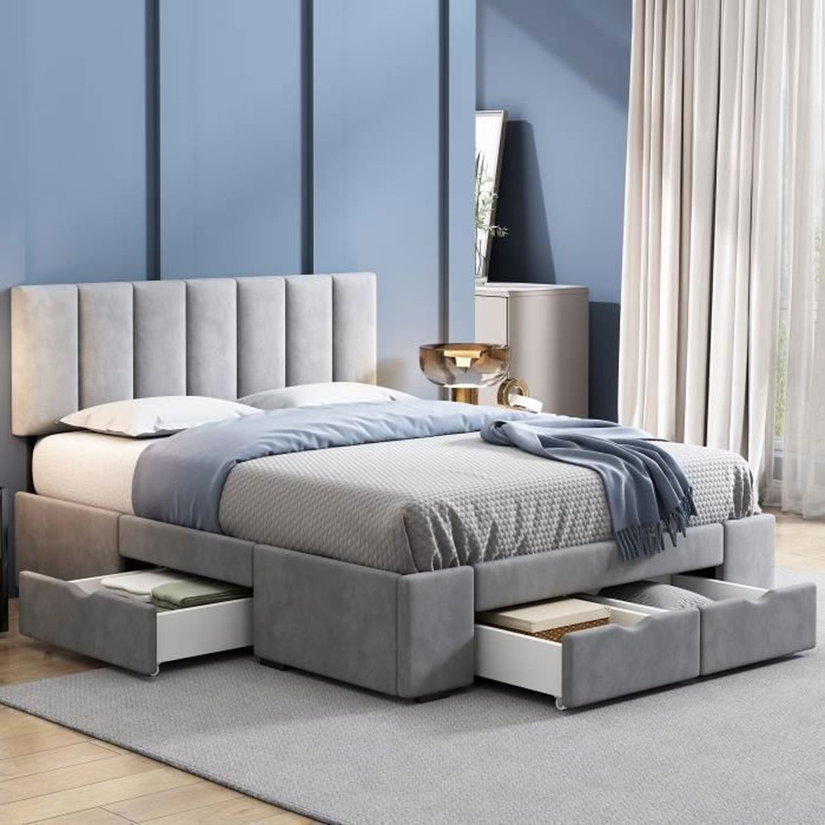 Merax Lit double 140x200cm pour adulte avec 4 tiroirs, 2 places ...