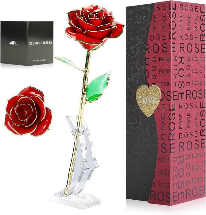 Rose Plaqué Or 24K,Rose Eternelle Romantique,Rose Dorée Rouge, Fleur de ...
