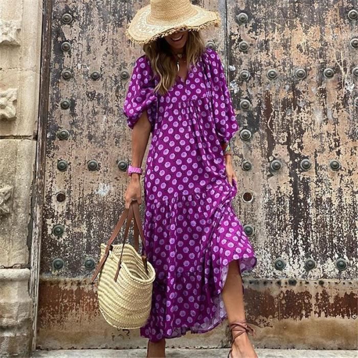 Robe,Robe longue imprimée style Boho, manches lanternes, col en V ...