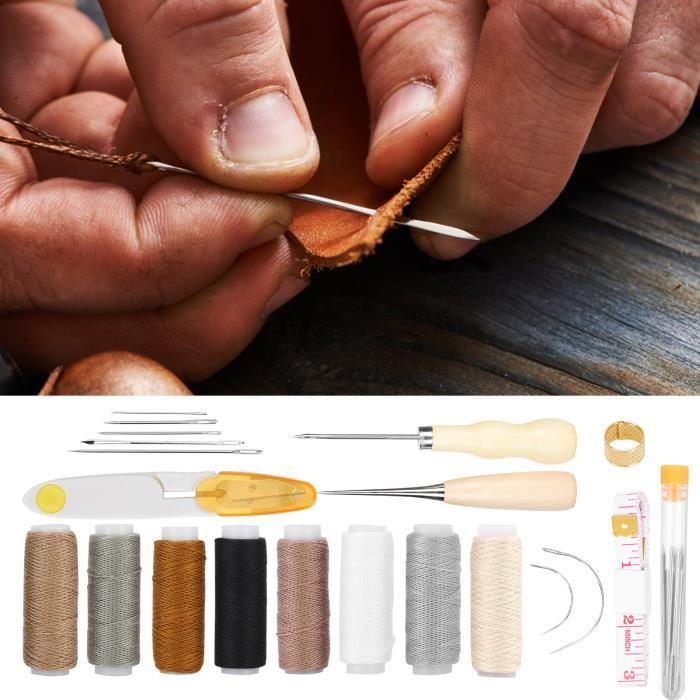 CHE 29 pcs Kit de couture en cuir aiguilles fil ciseaux outils de réparation bricolage ensemble ...