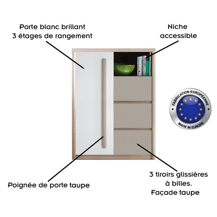 ROMA Buffet commode 3 tiroirs coulissants 1 porte battante 1 niche ...