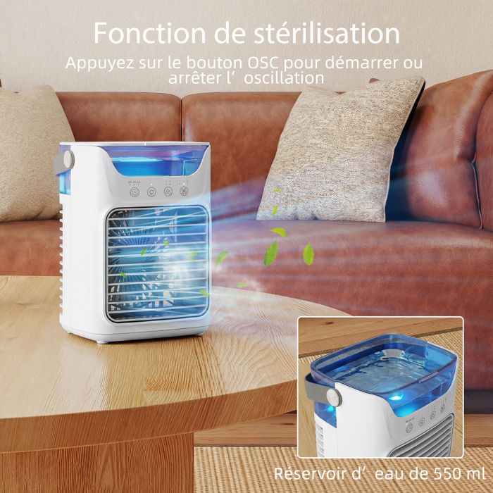 Climatiseur portable, mini rafraîchisseur d'air 4 en 1, 3 vitesses, 2 ...