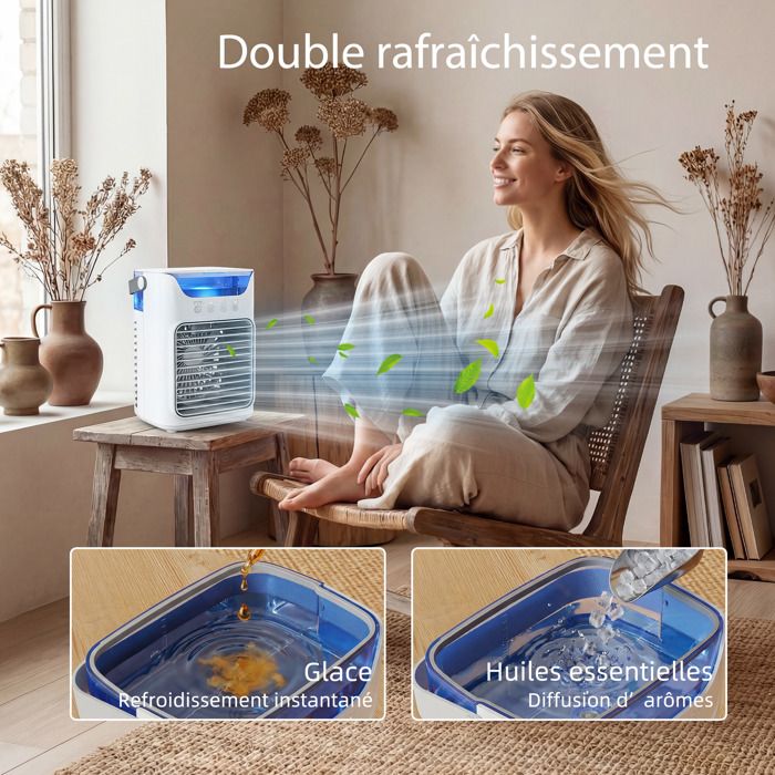 Climatiseur portable, mini rafraîchisseur d'air 4 en 1, 3 vitesses, 2 ...