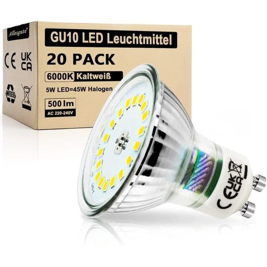 Lot de 20 Ampoules LED GU10, lampe LED 5W Blanc Froid 6000K équivalen 45W Halogène, 500lm Angle ...