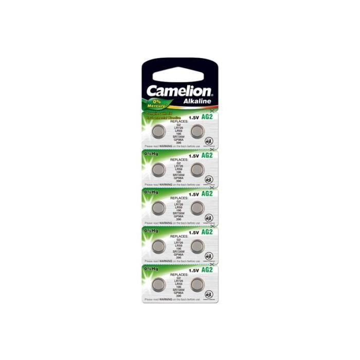 Pack de 10 piles Camelion Alcaline AG2,LR726,LR50,196,SR726W,GP96A,396 ...