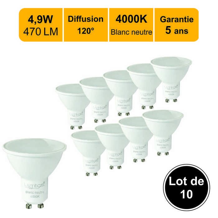 Lot de 10 ampoules LED GU10 4.9W 400Lm 4000K - garantie 5 ans ...